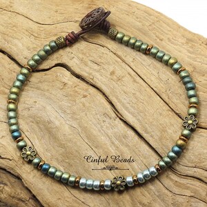 Minimalist Seed Bead Leather Anklet - Antique Bronze Dainty Leather ...