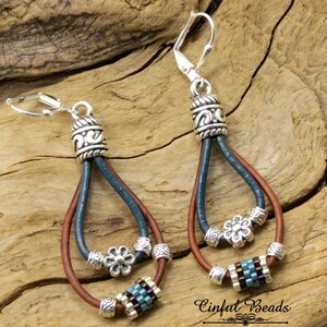 Leather Dangle Earrings Blue and Silver Loop Earrings Boho Leather Loop ...