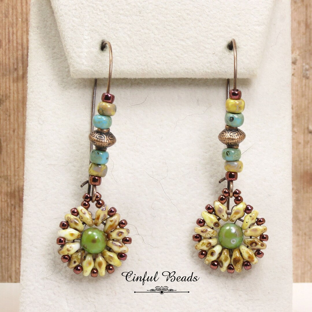Unique Southwestern Beaded Earrings - Superduo Flower Charm on Copper ...