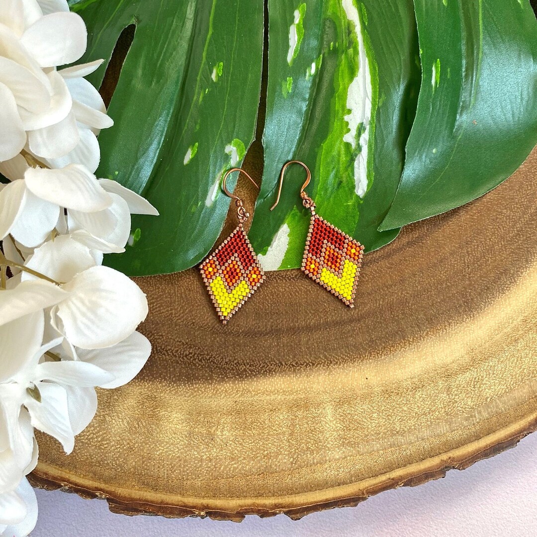 Bold Geometric Hand Beaded Diamond Shape Earrings. Red, Orange, Yellow ...