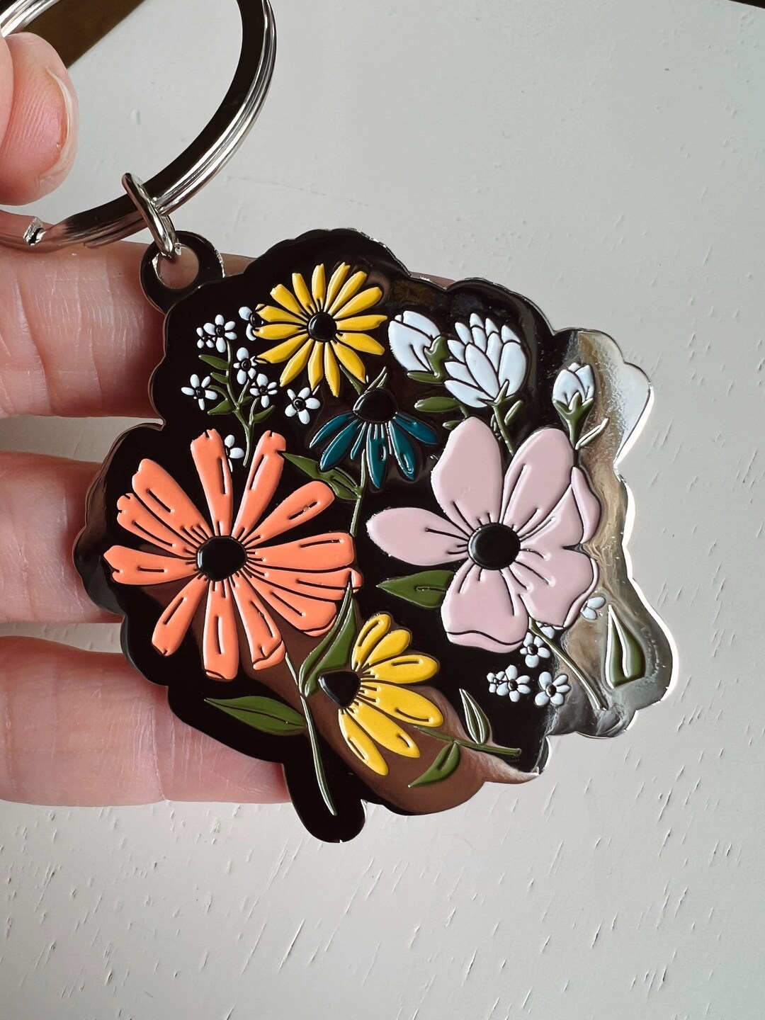 2” Silver Floral Split Ring Keychain Charm - Hand Drawn Floral ...
