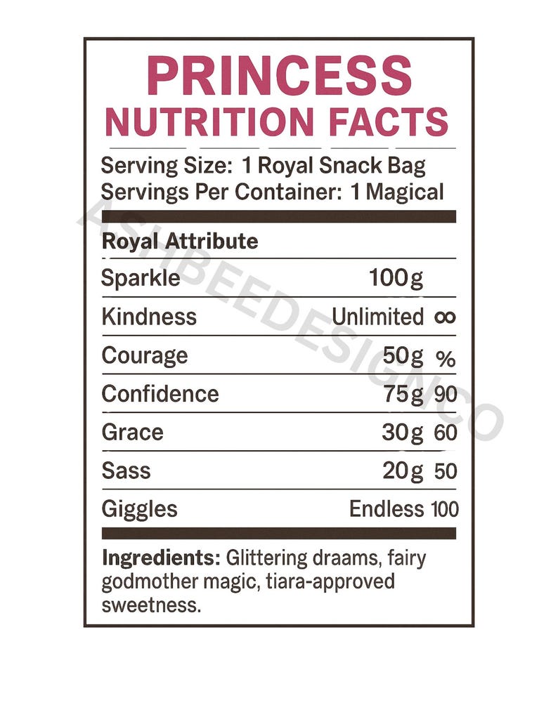 PRINCESS Nutrition Label |chip Bag | INSTANT DOWNLOAD - Etsy