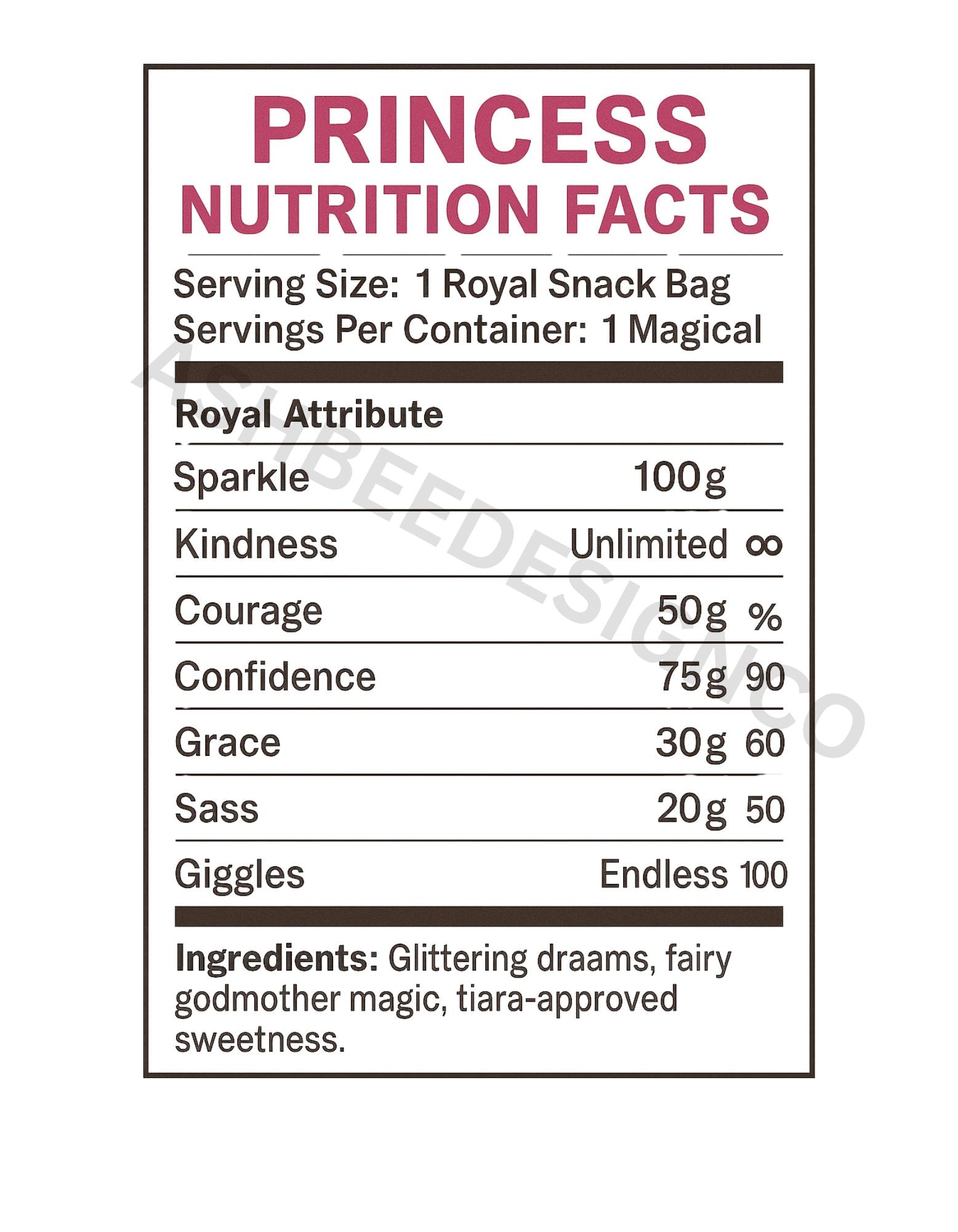 PRINCESS Nutrition Label |chip Bag | INSTANT DOWNLOAD - Etsy
