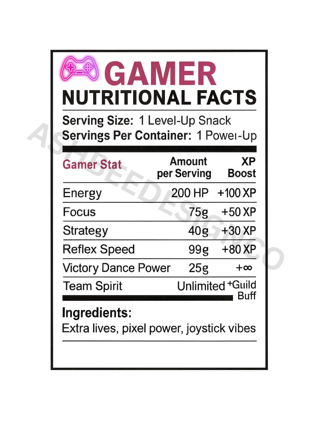 INSTANT DOWNLOAD | Pink GAMER Nutritional Fact Label | Chip Bag| Party ...