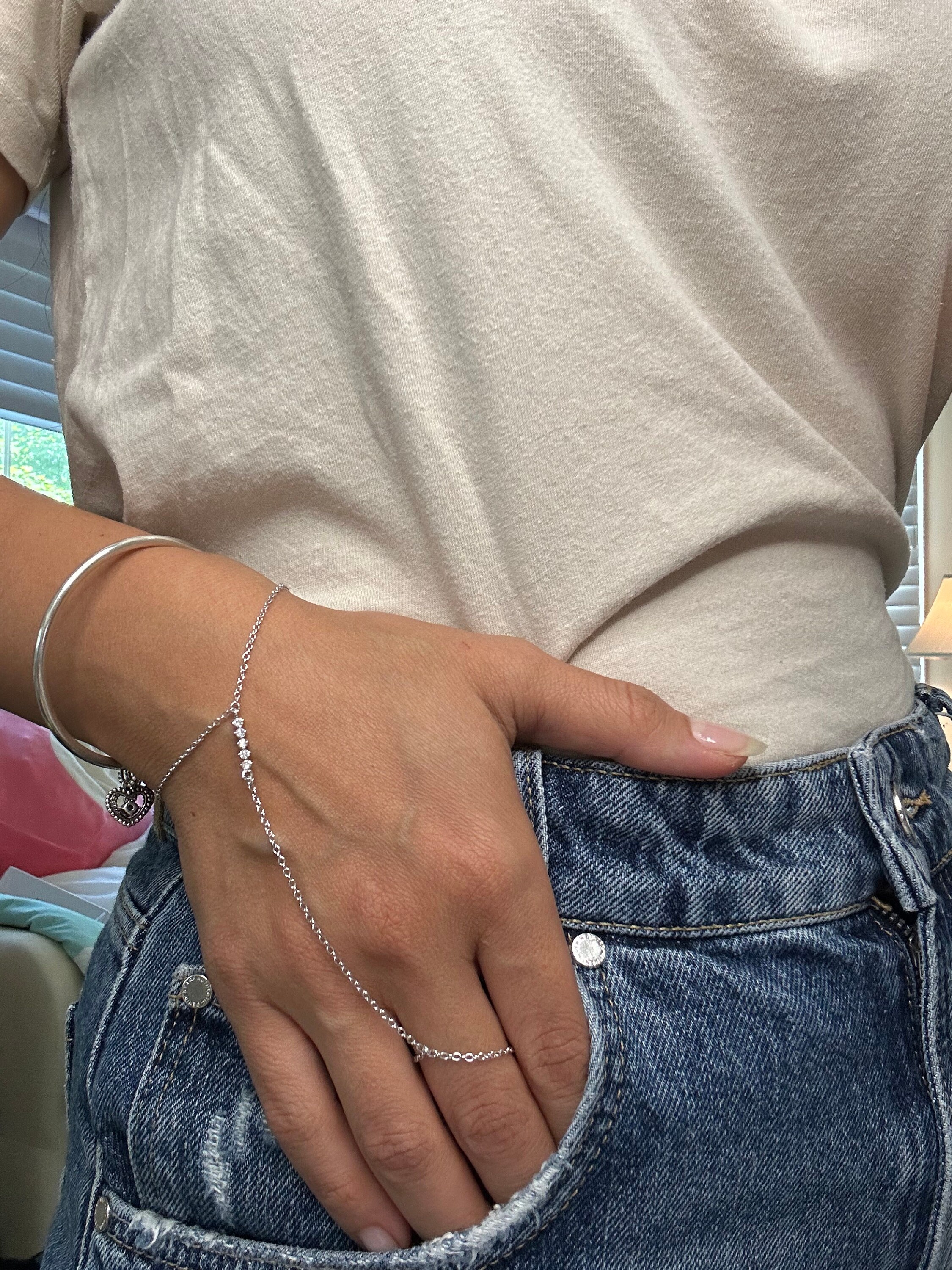 Silver Dainty Crystal Glam Hand Chain Bracelet - Etsy