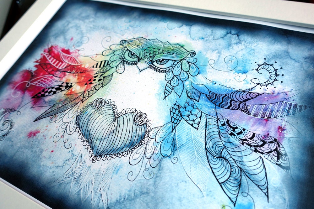 Rainbow Zentangle Owl, Zendoodle Watercolor Art. Print of My Original ...