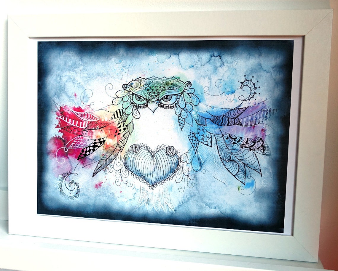 Rainbow Zentangle Owl, Zendoodle Watercolor Art. Print of My Original ...