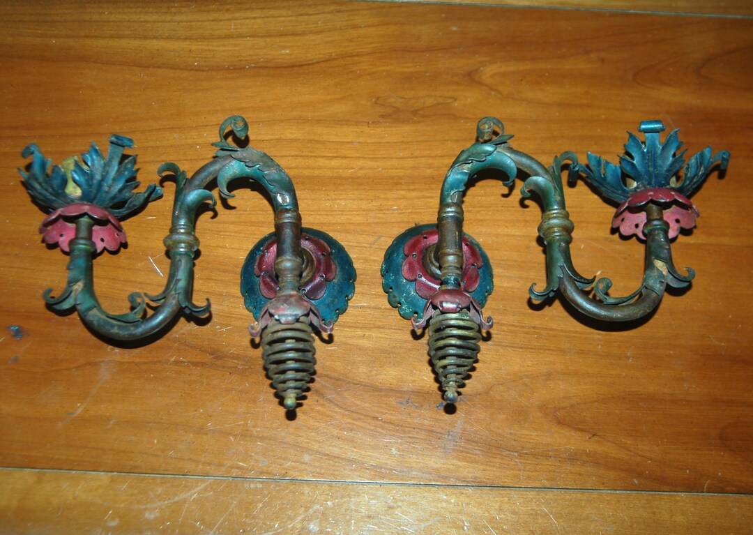 WROUGHT IRON SCONES Gothic Pair Medieval Tudor Spanish Black Wall ...