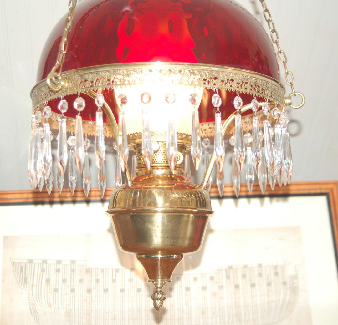 BRASS CHANDELIER Red CRANBERRY Ruby Glass Farmhouse Hurrica Ceiling ...