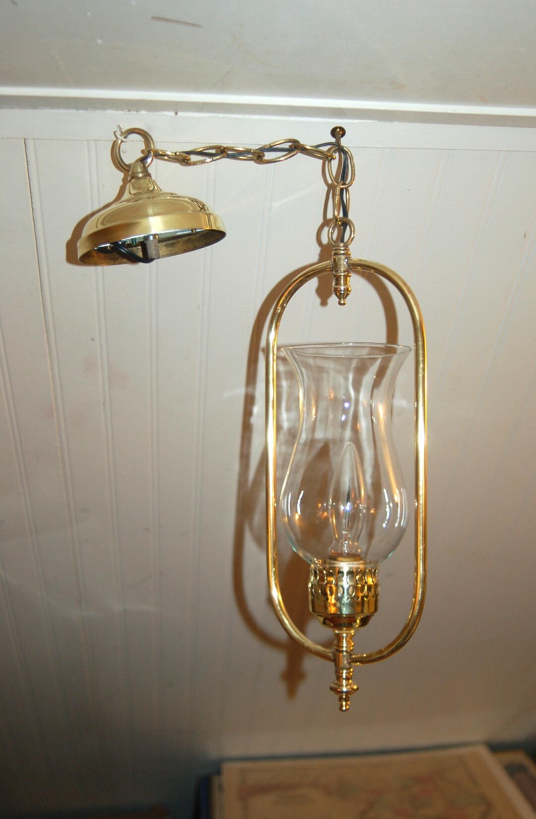 BRASS LANTERN Hurricane COLONIAL Ceiling Hanging Fixture Light Glass ...