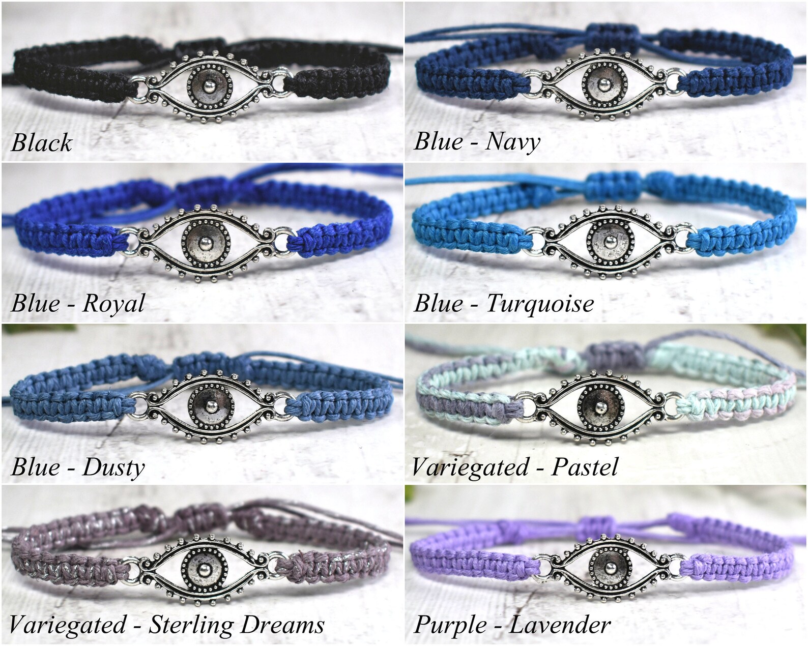 Hemp Evil Eye Bracelet - Silver Adjustable Wristband Gift for Her or ...