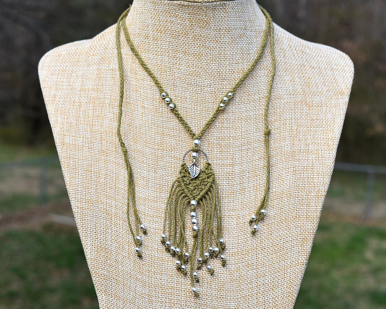 Hemp Macrame Necklace Green and Silver Beaded Leaf Fringe | Etsy