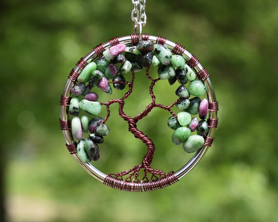 Ruby Zoisite Tree of Life Necklace Green Pink Gemstone | Etsy