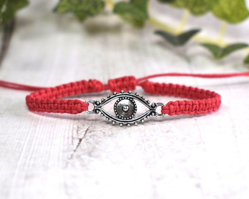 Hemp Evil Eye Bracelet - Silver Adjustable Wristband Gift for Her or ...