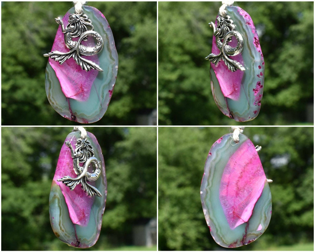 Mermaid Necklace With Sliced Agate - Silver, Pink, and Teal Green ...