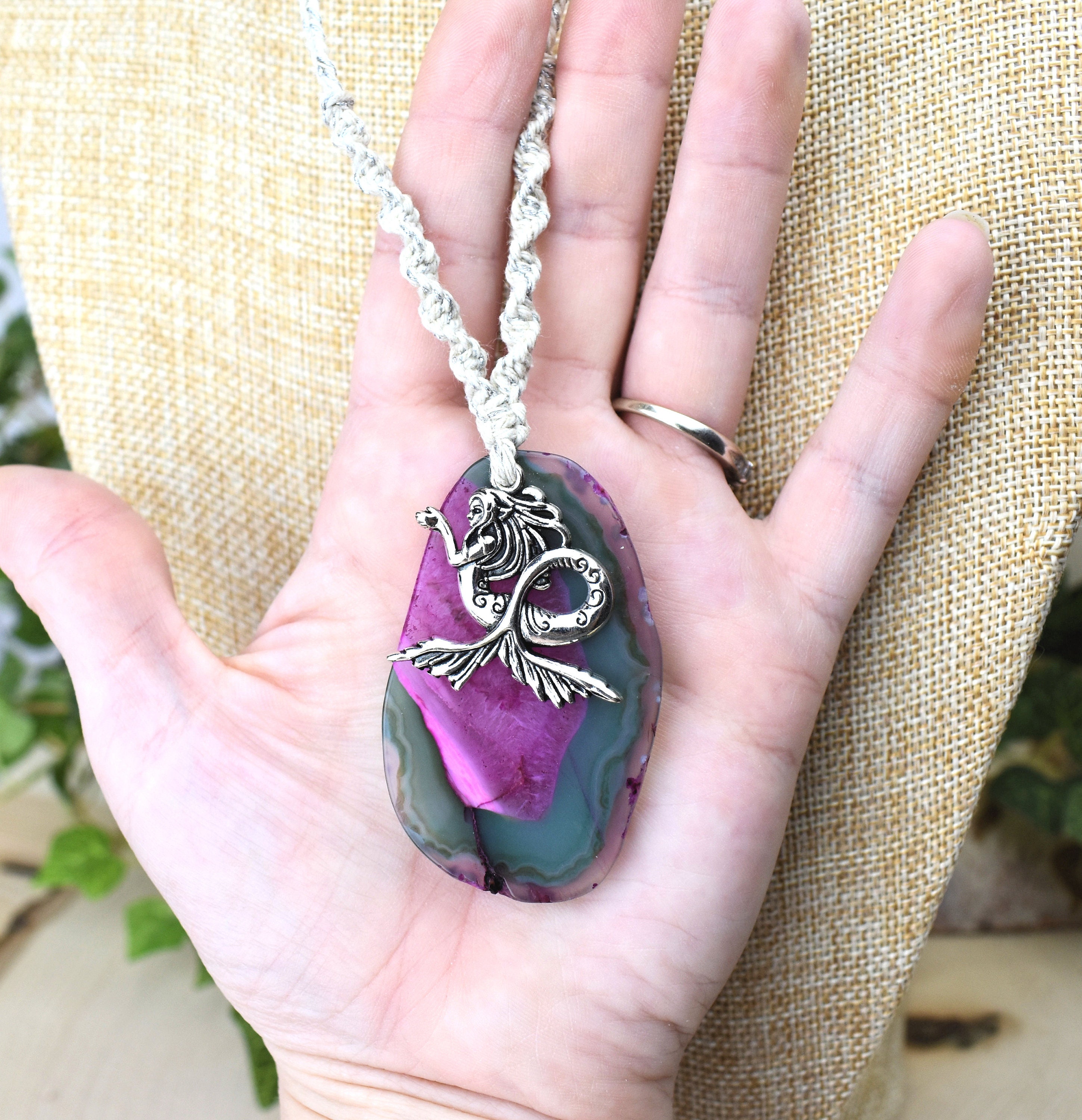 Mermaid Necklace With Sliced Agate - Silver, Pink, and Teal Green ...