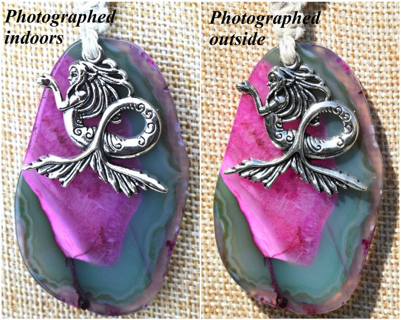 Mermaid Necklace With Sliced Agate - Silver, Pink, and Teal Green ...