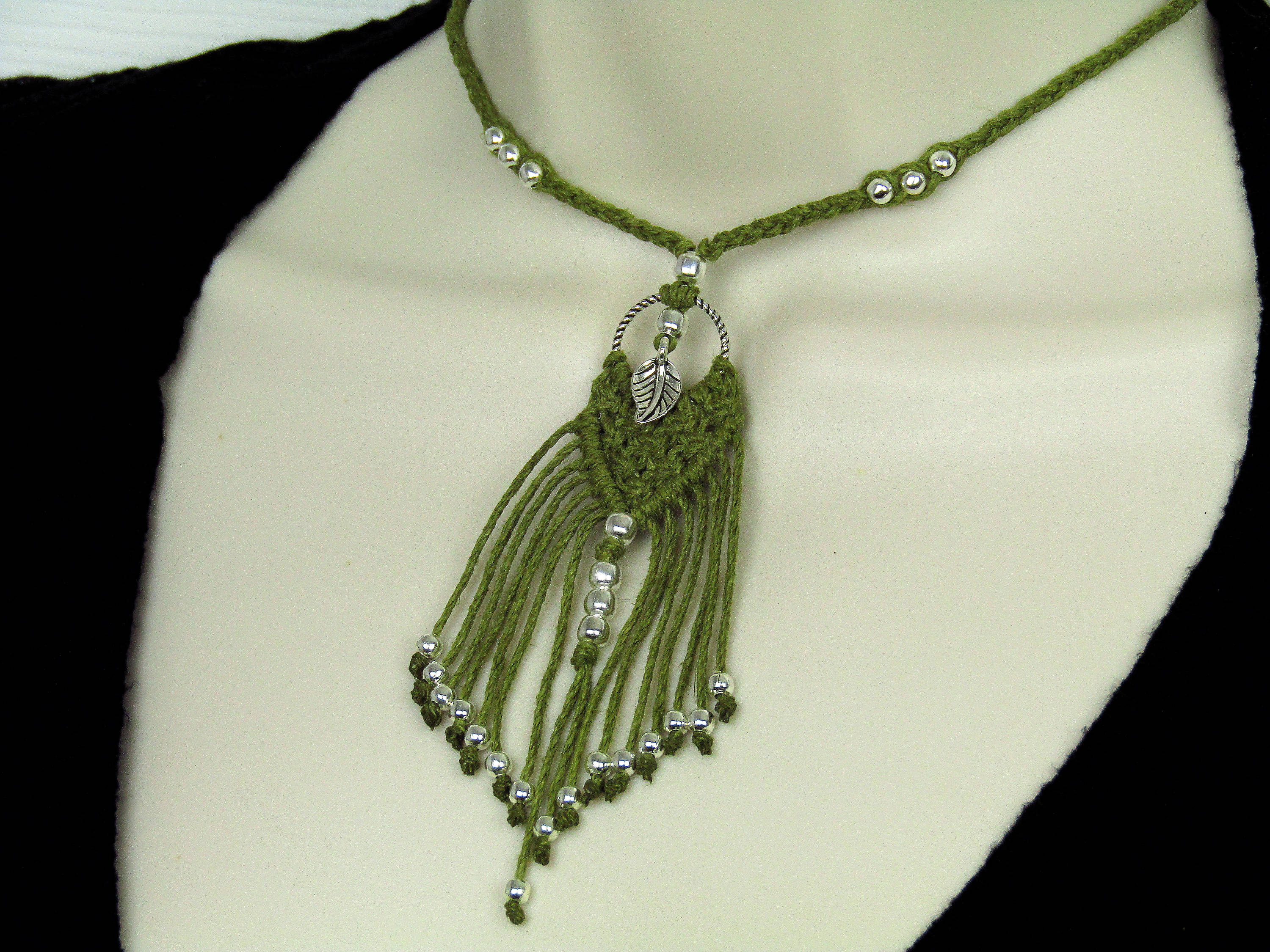 Hemp Macrame Necklace Green and Silver Beaded Leaf Fringe | Etsy