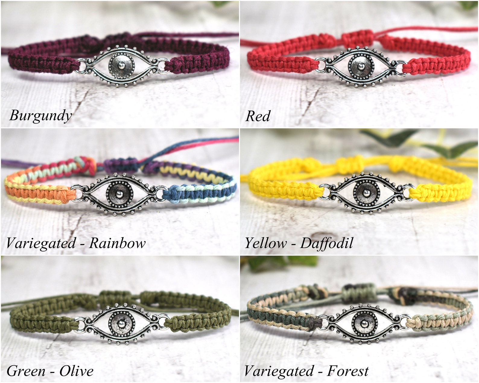 Hemp Evil Eye Bracelet - Silver Adjustable Wristband Gift for Her or ...