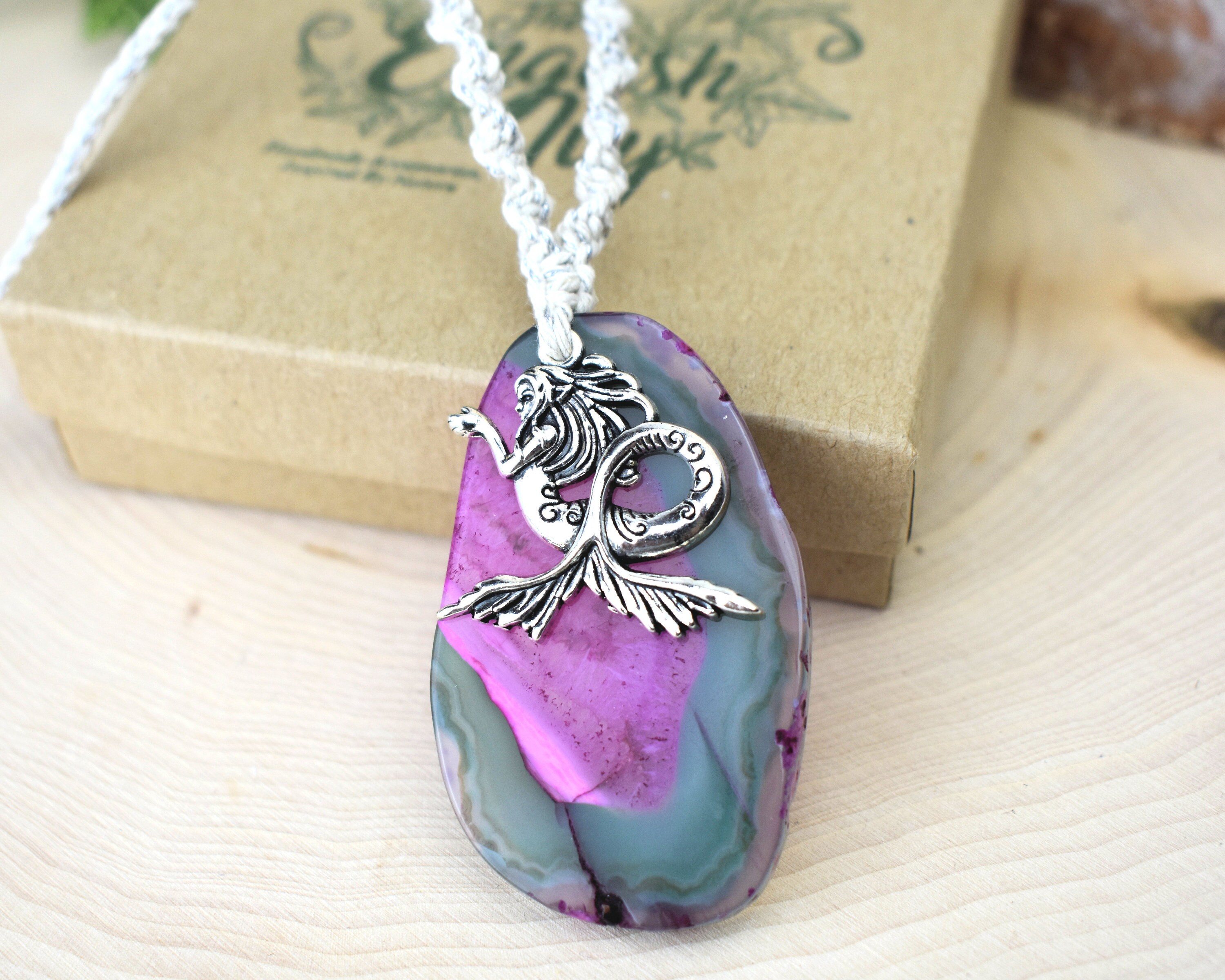Mermaid Necklace With Sliced Agate - Silver, Pink, and Teal Green ...