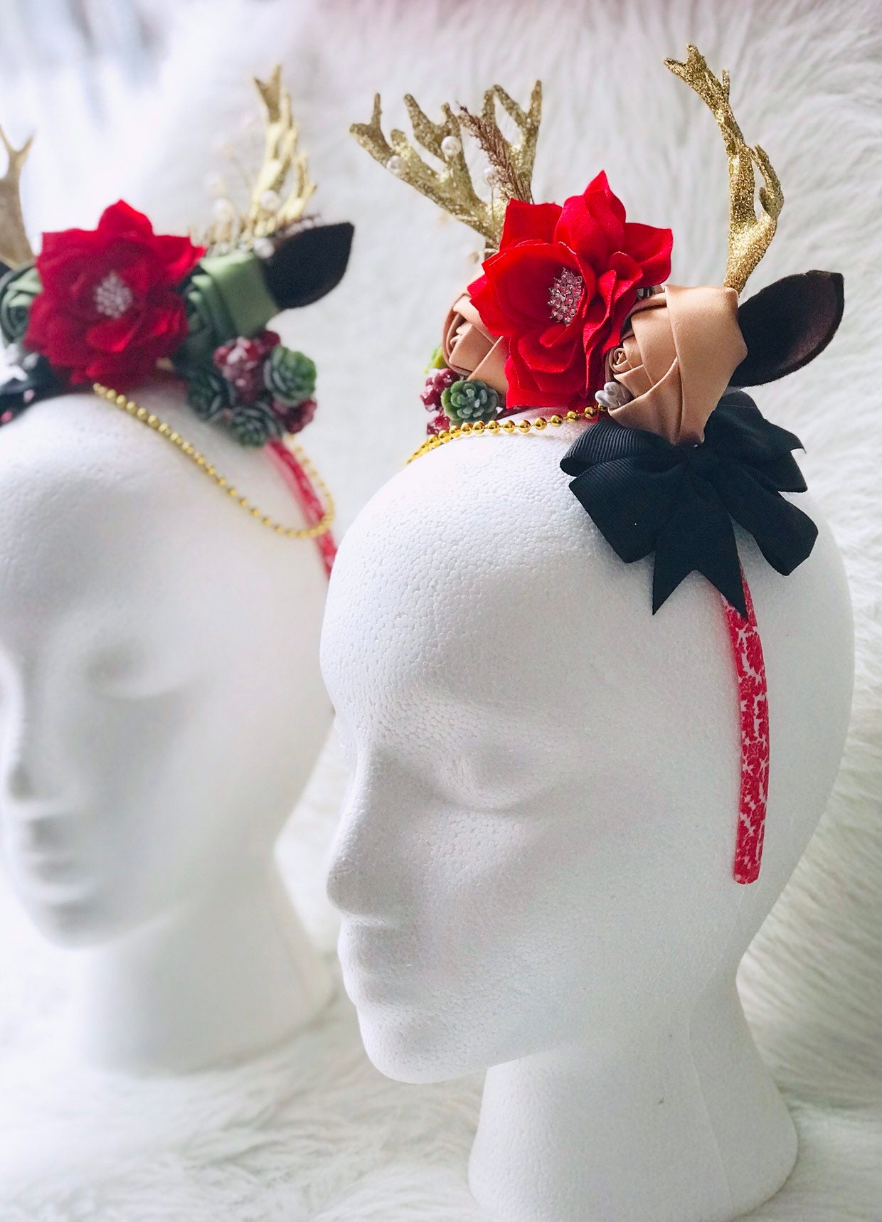 Deer Reindeer Fawn Ears Boho Antler Headband W Gold Silver Antlers ...