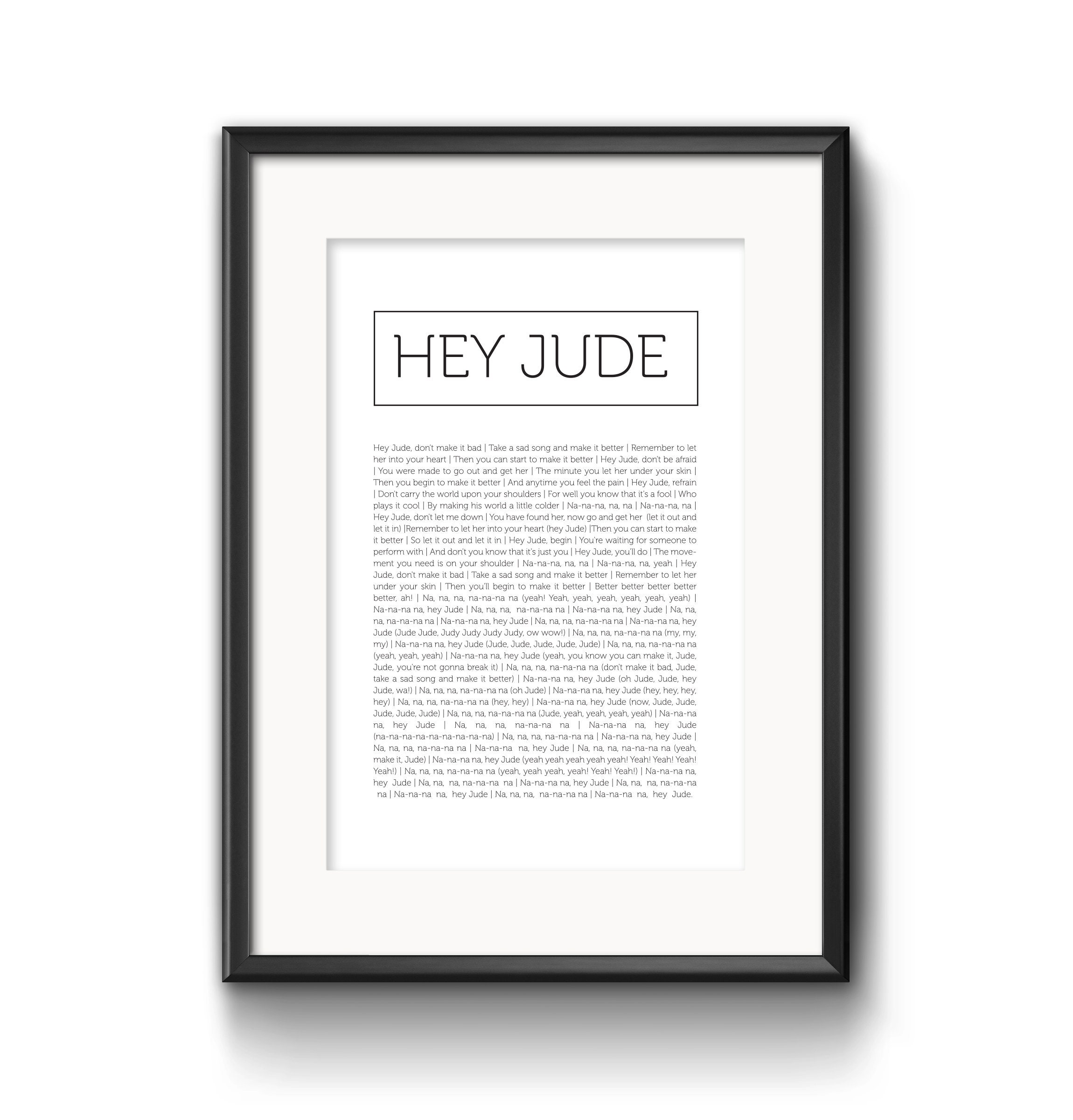 Hey Jude Lyrics Poster | the Beatles Print | Beatles Lyrics Wall Art ...