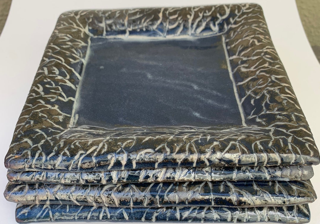 Set of 4 Sgraffito Handmade Ceramic Square Plates - Salad / Dessert ...