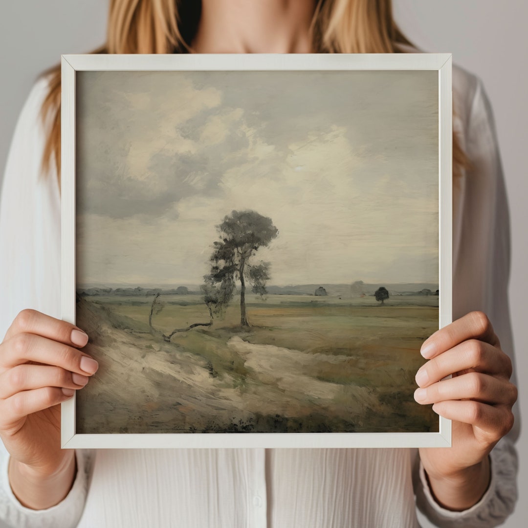 Neutral Farm Fields Oil Painting, Square Open Landscape Art Print ...
