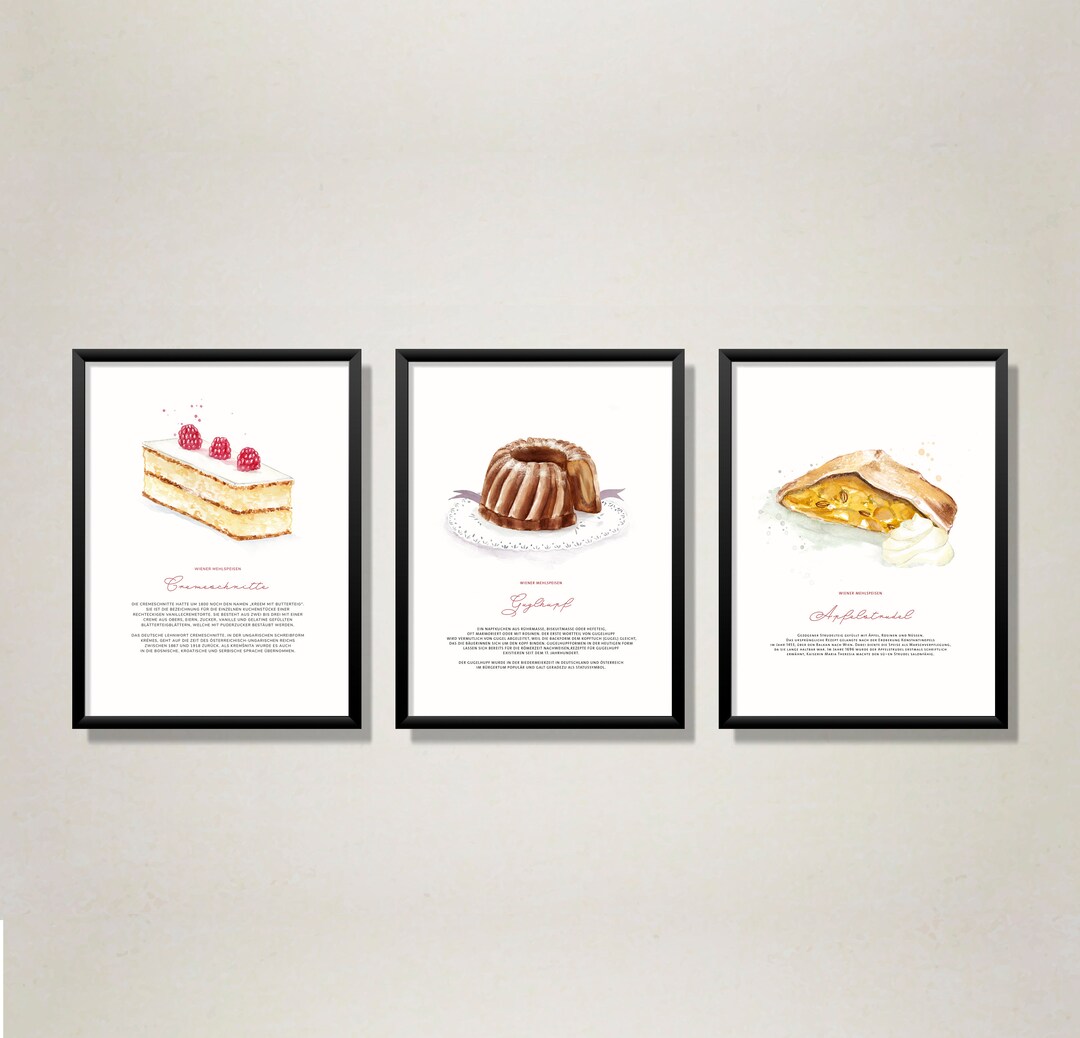 Art Print Set of 3 Viennese Pastries Apple Strudel, Cream Slice ...