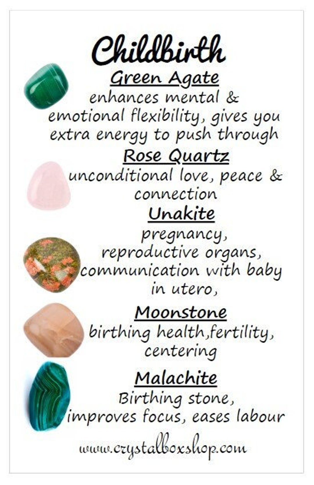 CHILDBIRTH Crystal Bag Set 5 X Full-size Tumblestones, With Info Card ...