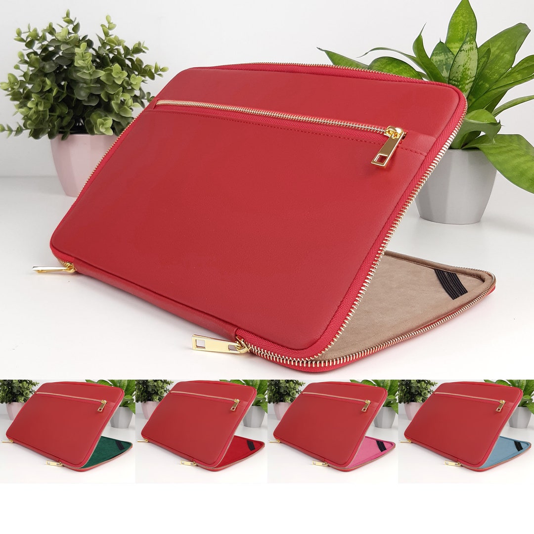 Red Leather Laptop Sleeve 16 Inch With Pocket Gold Zipper - Etsy