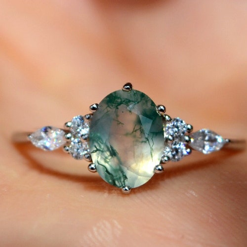 Natural Moss Agate Ring/sterling Silver Engagement Ring /oval - Etsy