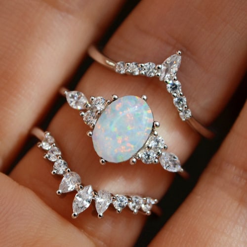Vintage Oval White Fire Opal Engagement Ring Set/silver White - Etsy