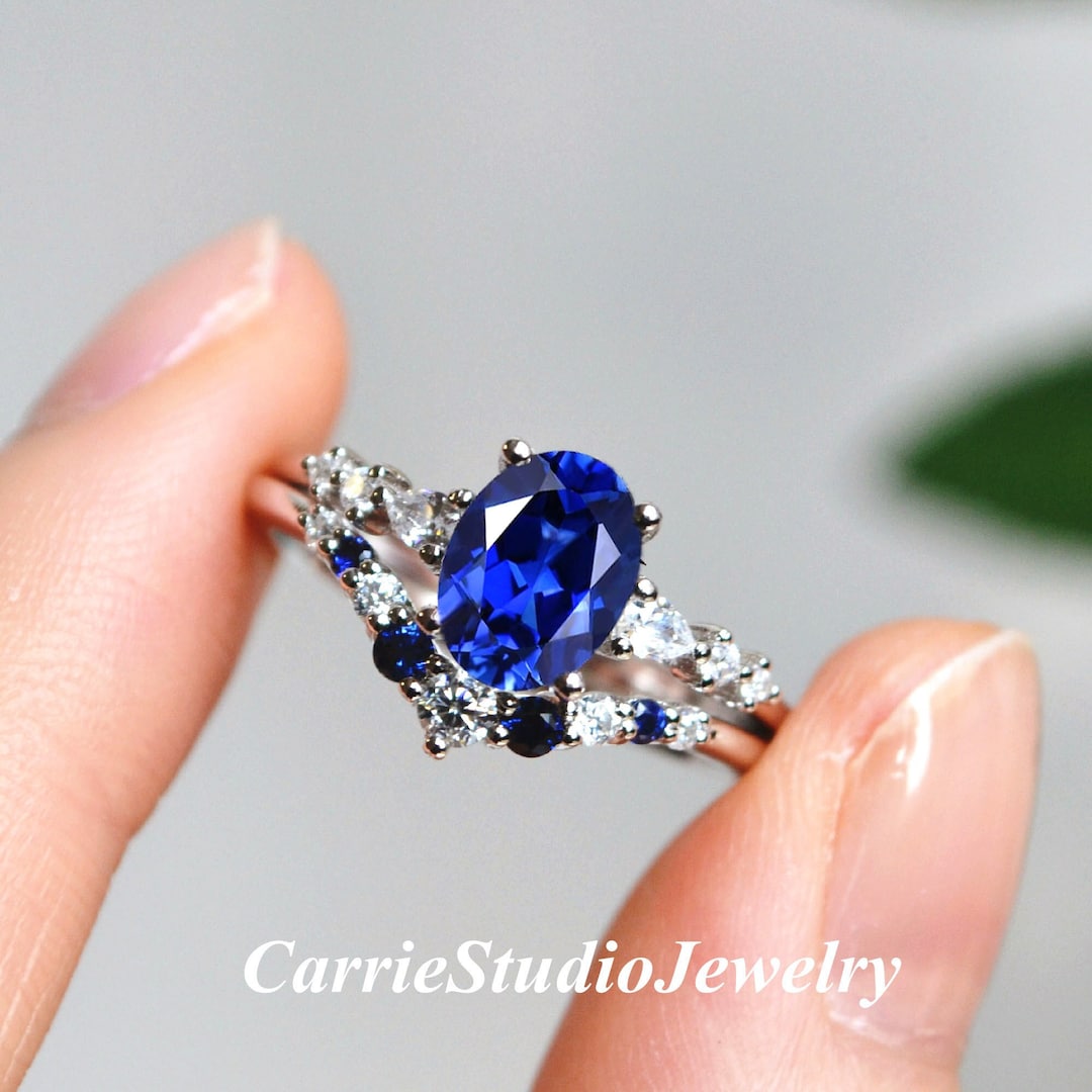 Vintage Blue Sapphire Ring Engagement Set - Oval Blue Stone Promise ...