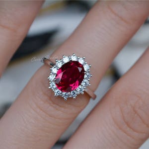 2ct Halo Ruby Ring/oval Cut Ruby Engagement Ring/ Sterling Silver ...