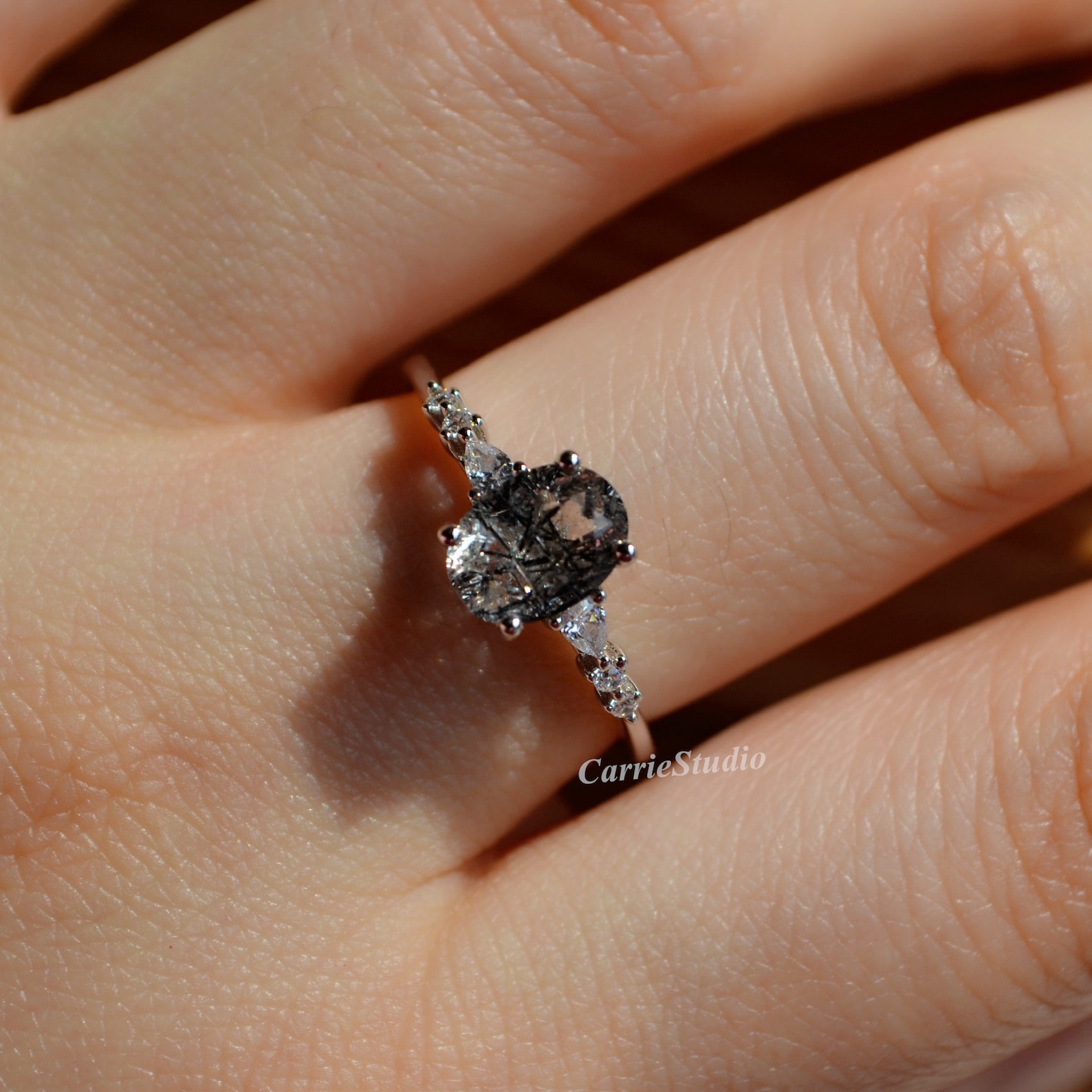 Black Rutilated Quartz Ring Oval Black Tourmaline Engagement - Etsy