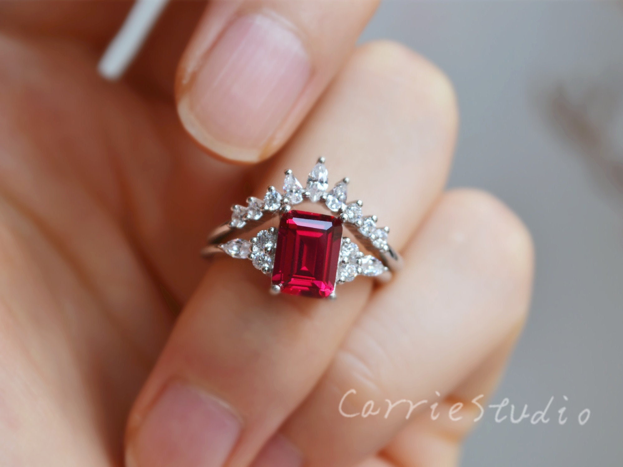 Emerald Cut Ruby Ring Set/silver Ruby Engagement Ring Set/red - Etsy