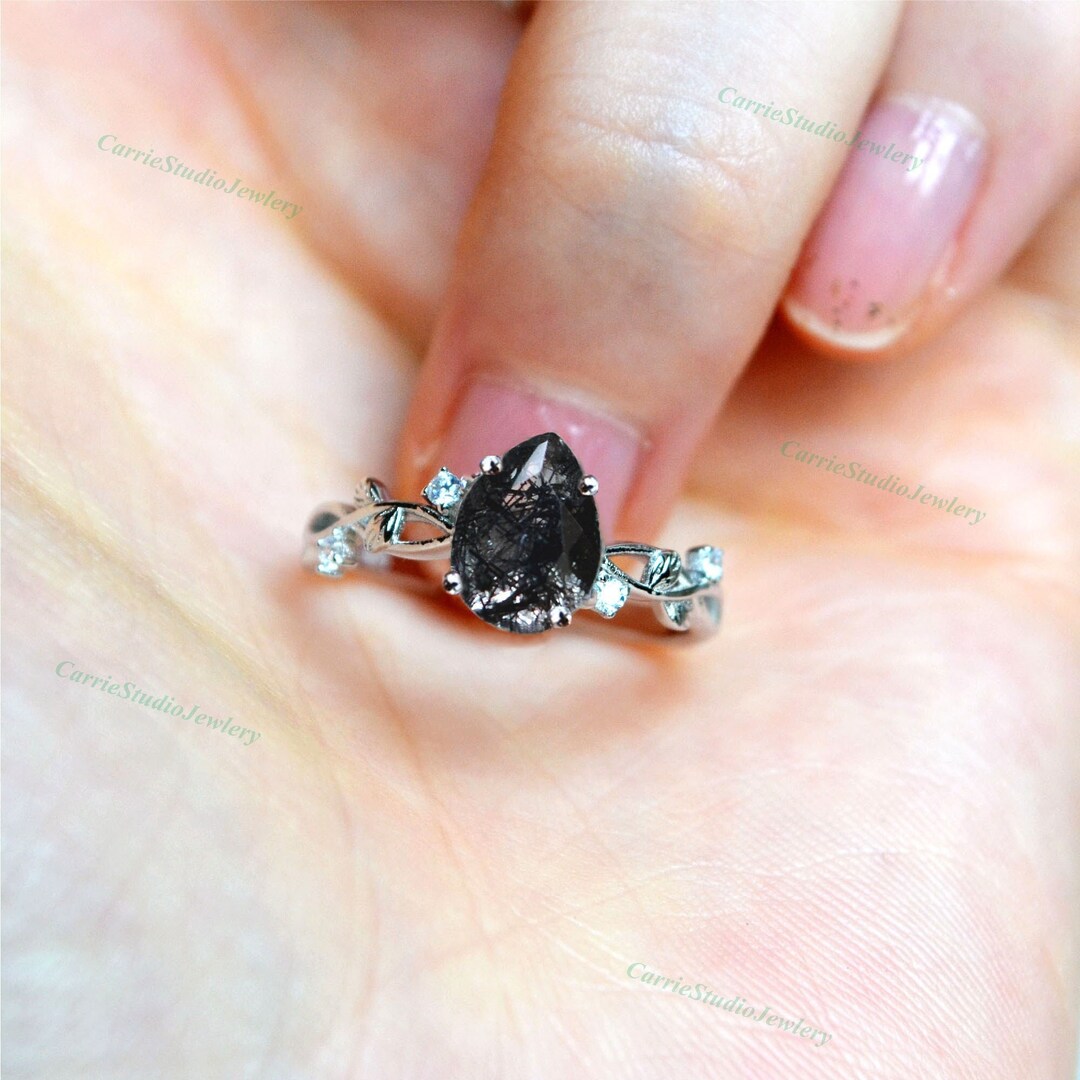 Nature Inspired Leaf Black Rutilated Quartz Engagement Ring Vine Pear ...