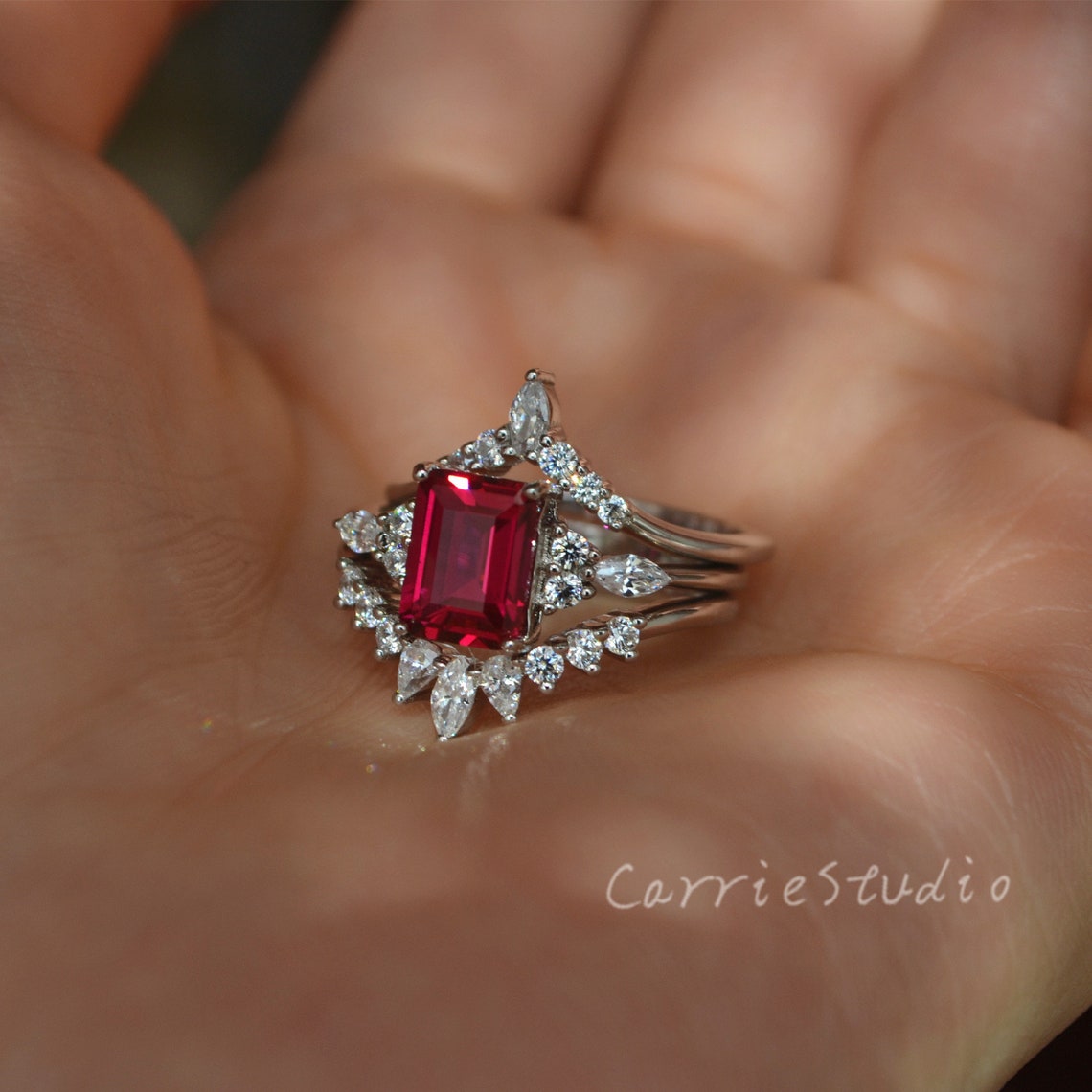 Emerald Cut Ruby Ring Set/ruby Engagement Ring Set for - Etsy