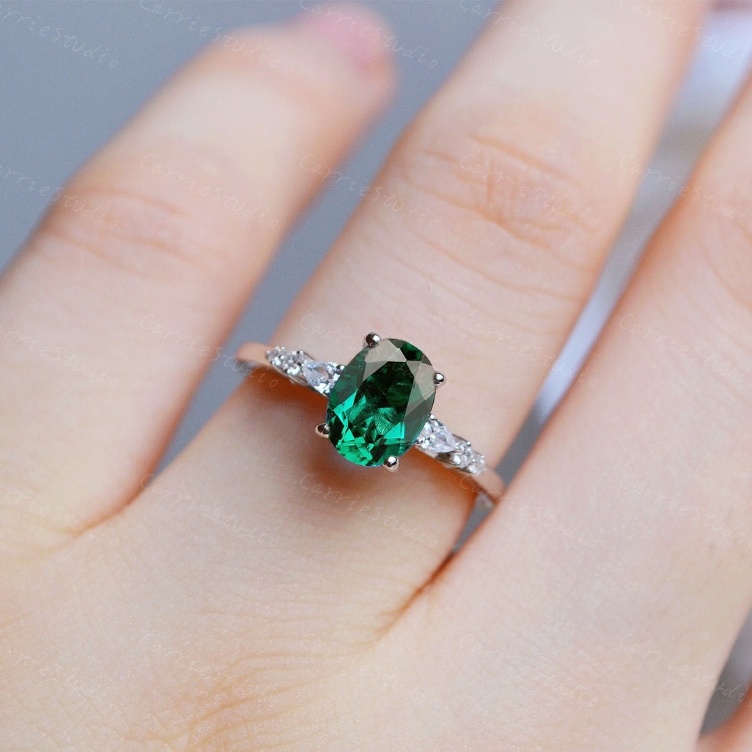 Solid 14K Gold Emerald Ring Lab Created Oval Emerald Engagement Ring ...
