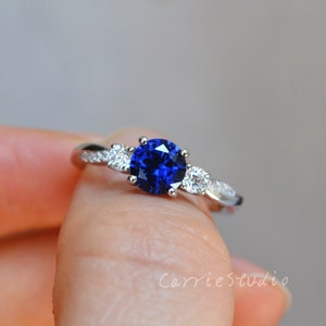 Handmade Twist Blue Sapphire Ring Silver 3 Stone Engagement Ring ...