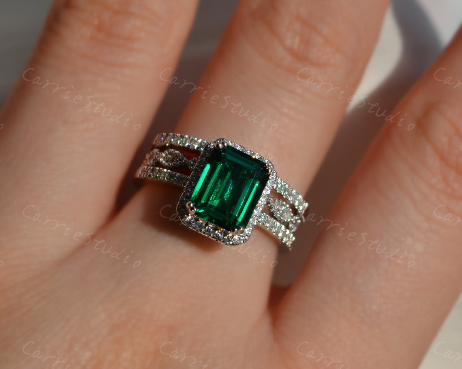 7*9 Mm Emerald Ring Set Emerald Engagement Ring Green Gem Ring Set ...