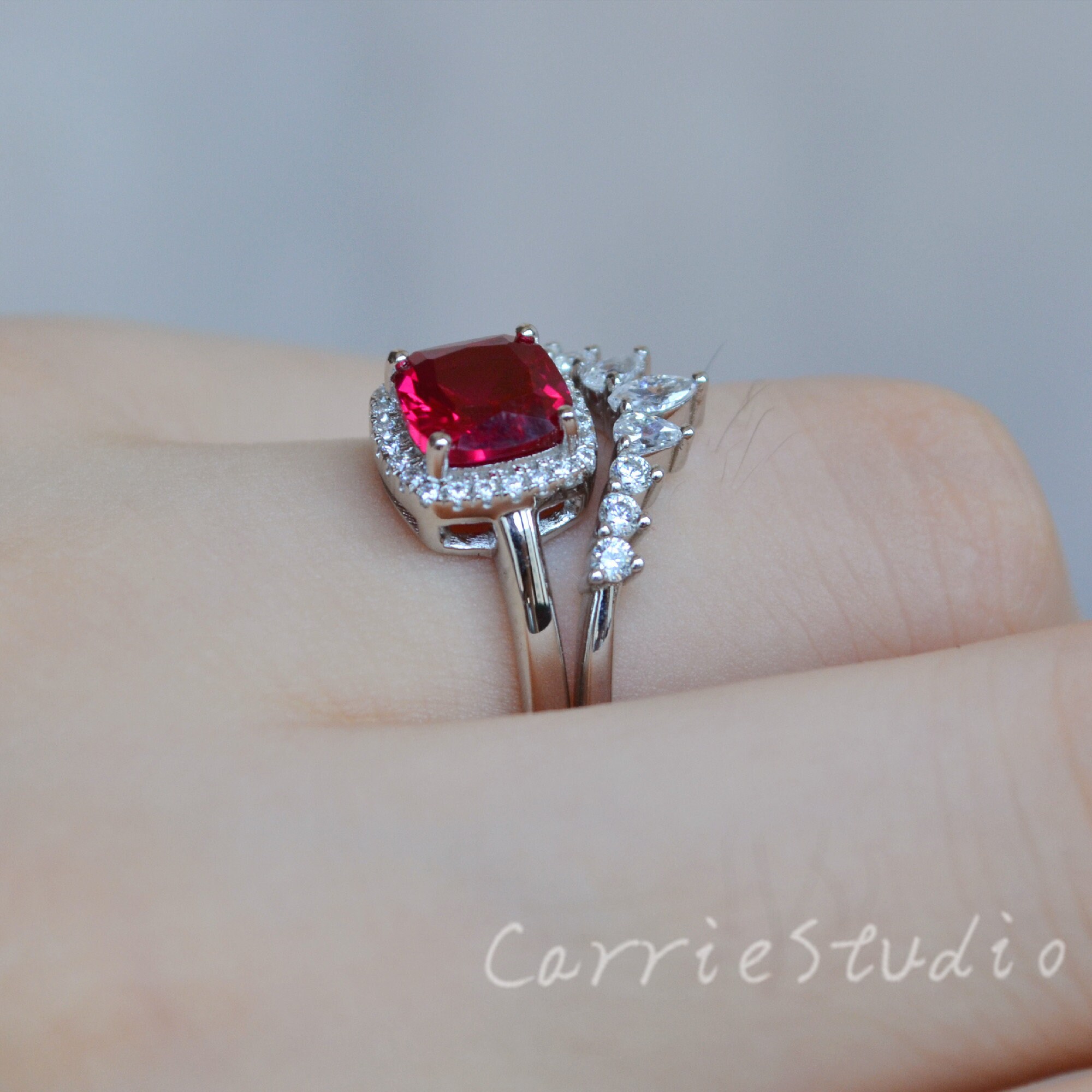 Cushion Ruby Ring Set/Ruby Engagement Ring Sterling Silver | Etsy