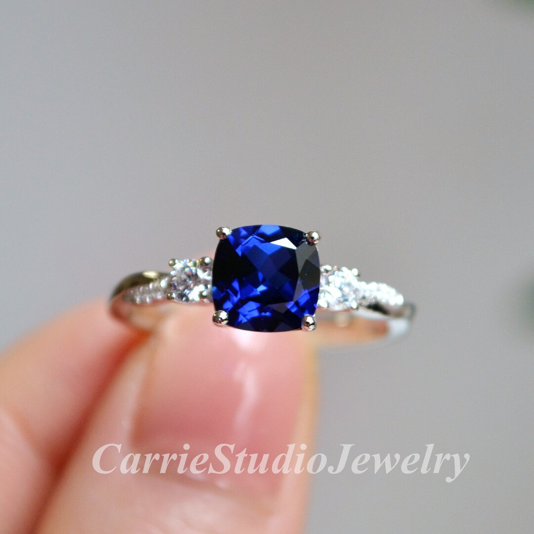 Vintage Cushion Blue Sapphire Ring/twist Blue Gemstone Engagement Ring ...