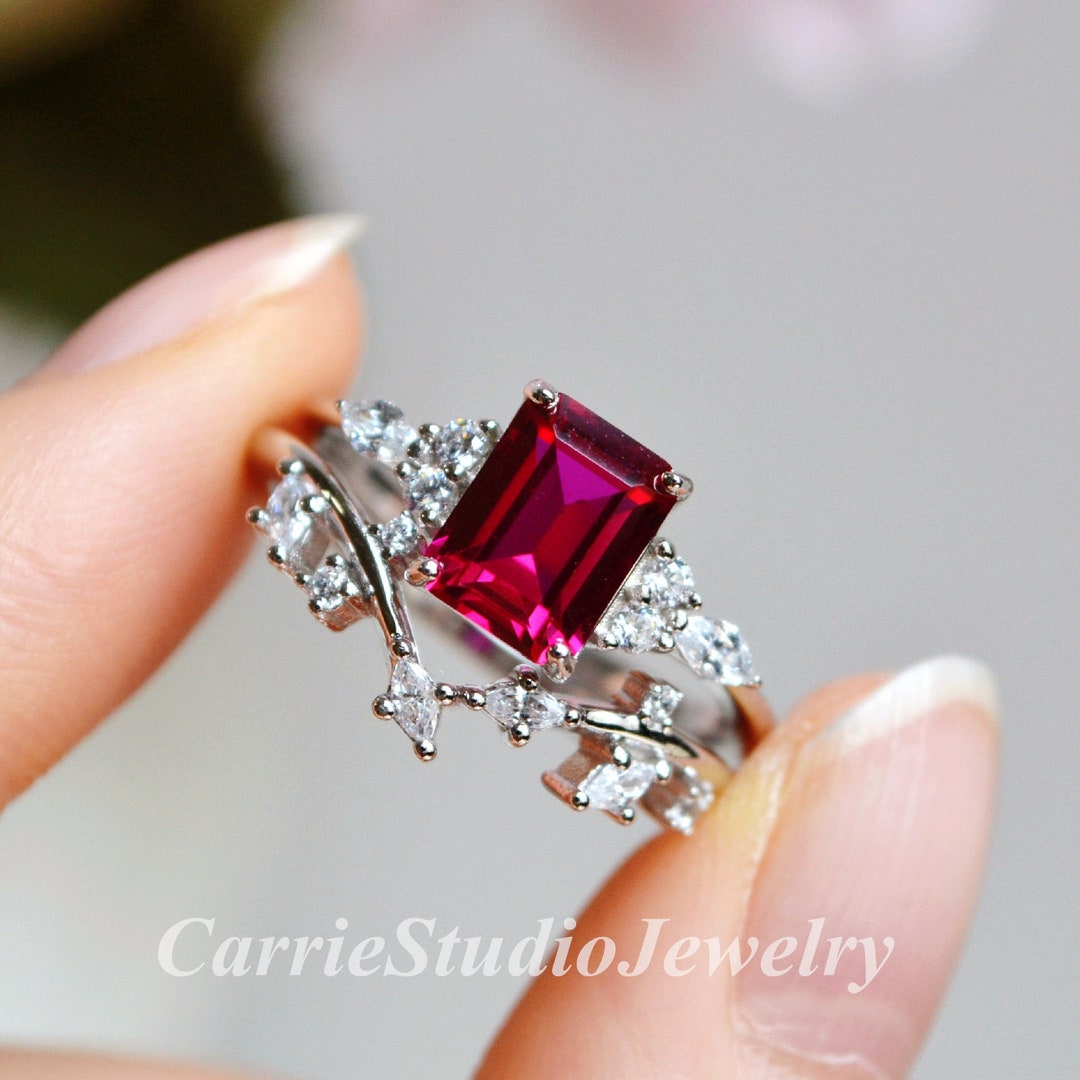 Vintage Ruby Engagement Ring Set - Stacking Promise Ring Set - Unique ...