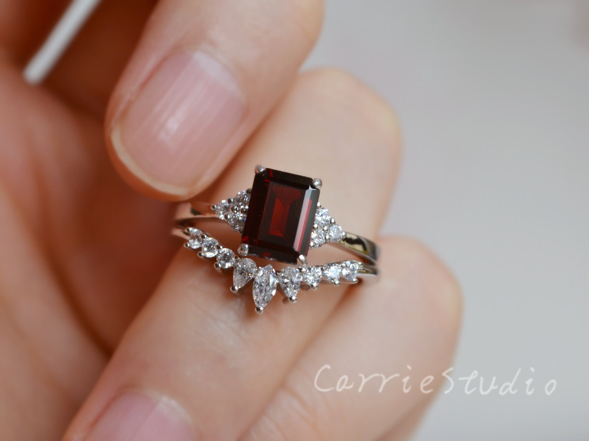 Emerald Cut Garnet Ring Set/natural Garnet Engagement Ring/ | Etsy