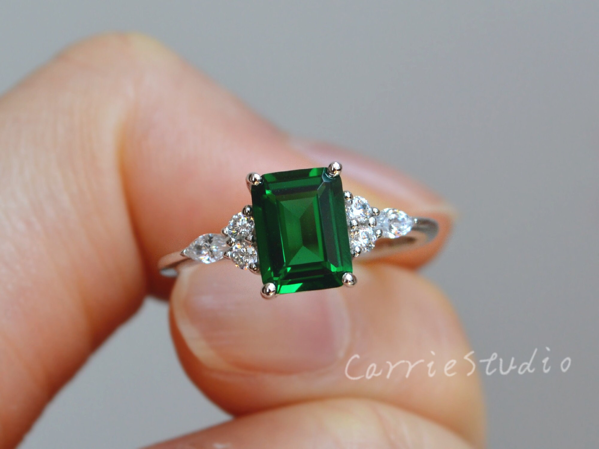 Silver Emerald Engagement Ring/emerald Cut Promise Ring/emerald ...