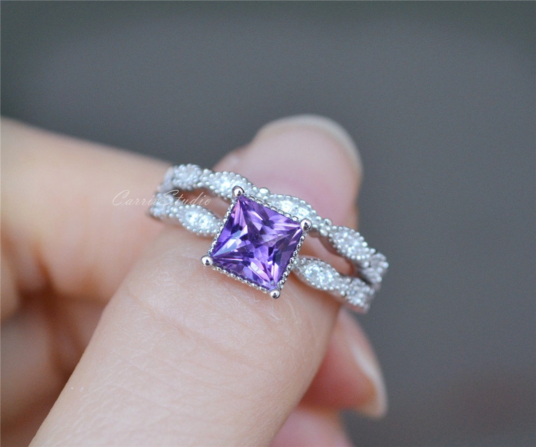 Princess Cut Amethyst Ring Set Purple Ring Set Promise Ring - Etsy