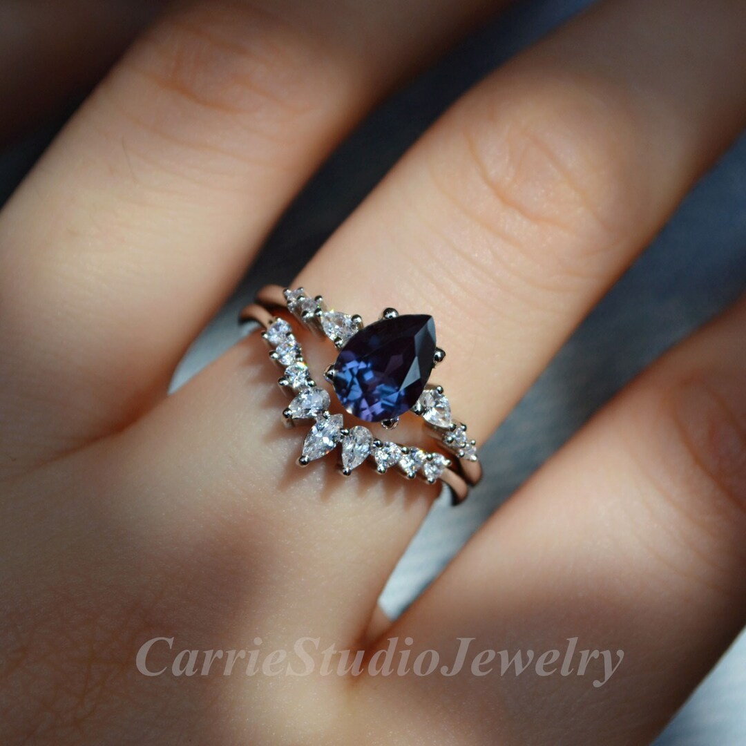 Art Deco Pear Alexandrite Ring Engagement Set/silver Alexandrite Bridal ...