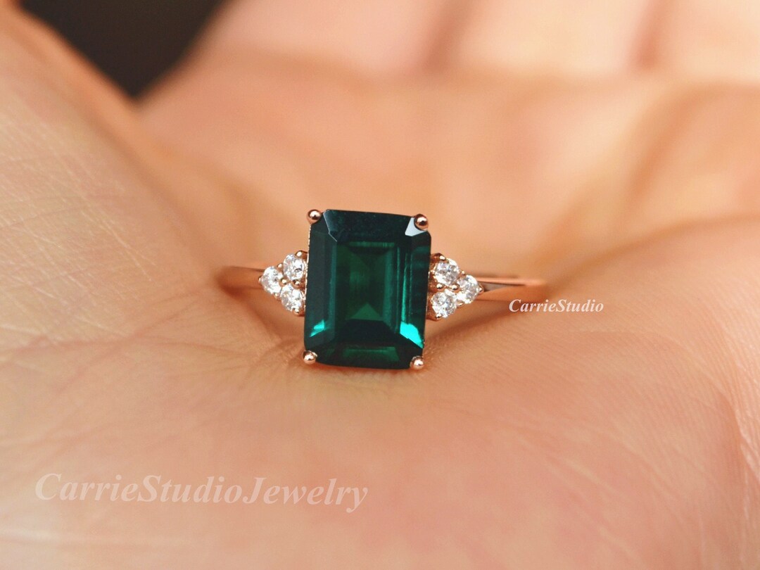 Solid 14K Gold Emerald Ring/7*9mm Emerald Engagement Ring/emerald Cut ...